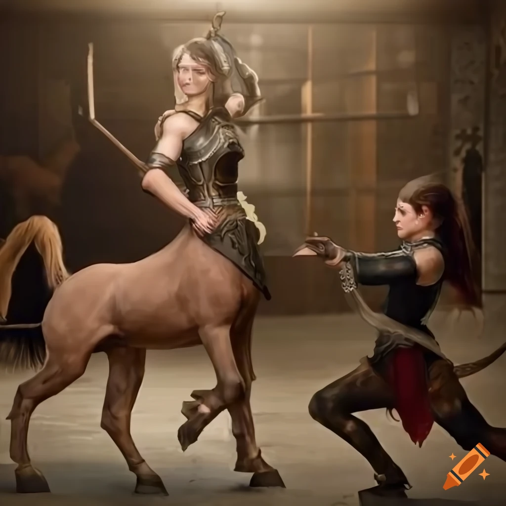 Two young female centaur warriors in armor in a stable on Craiyon