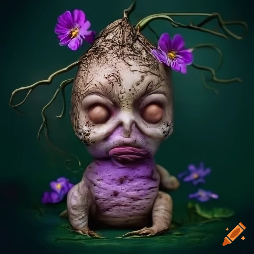 Baby mandrake root creature with big leaves and purple flowers on Craiyon