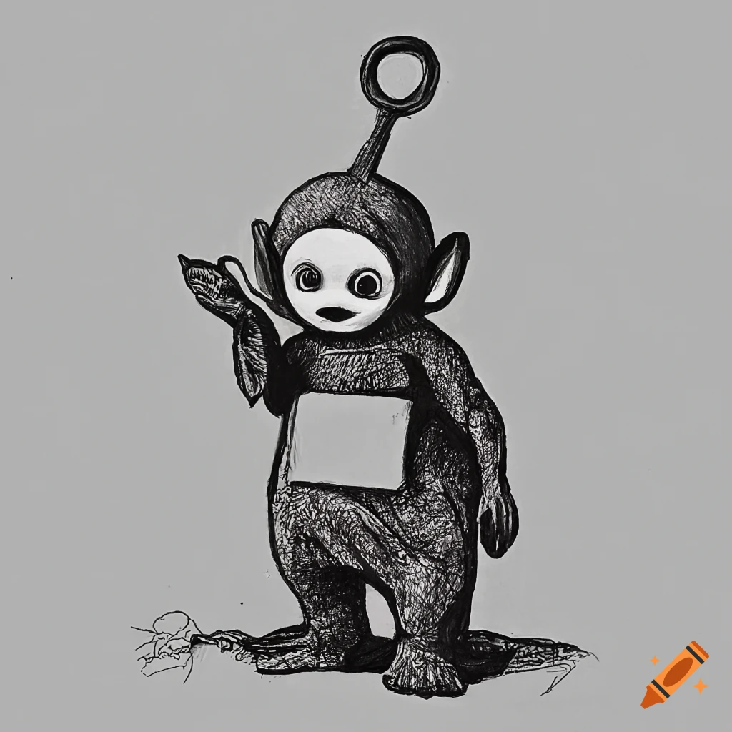 Ink drawing of creepy Teletubbies in a dark and sinister style on Craiyon