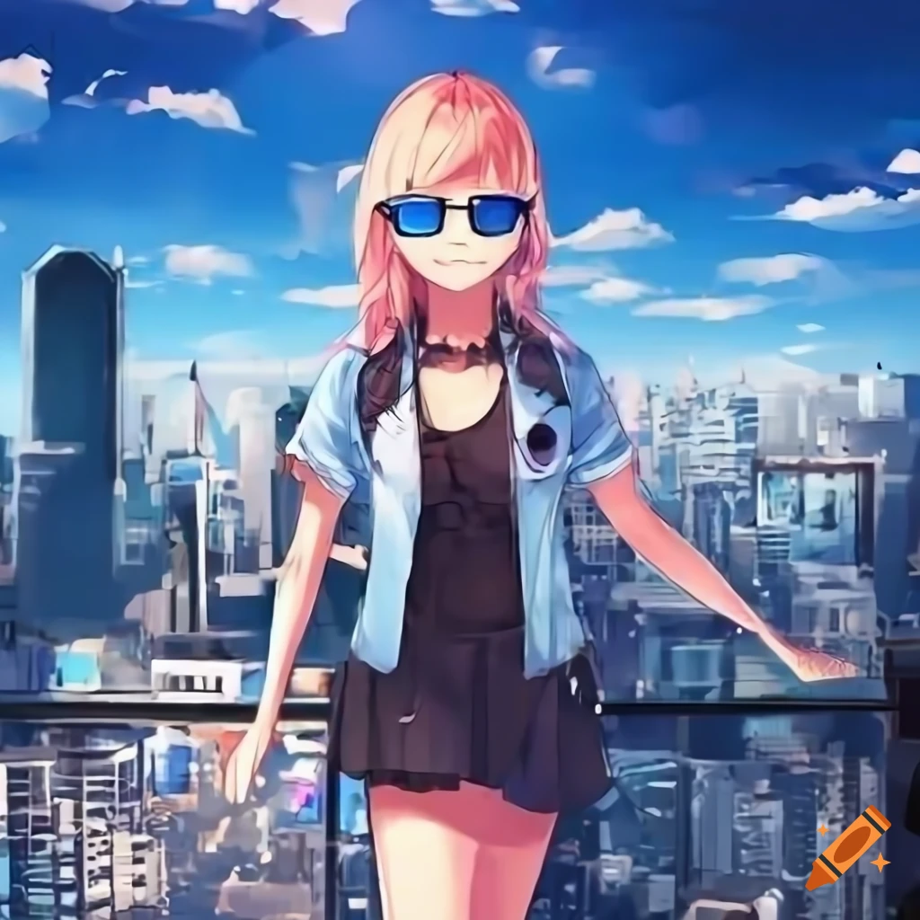 Anime-inspired waifu with sunglasses on a city rooftop during summer on ...