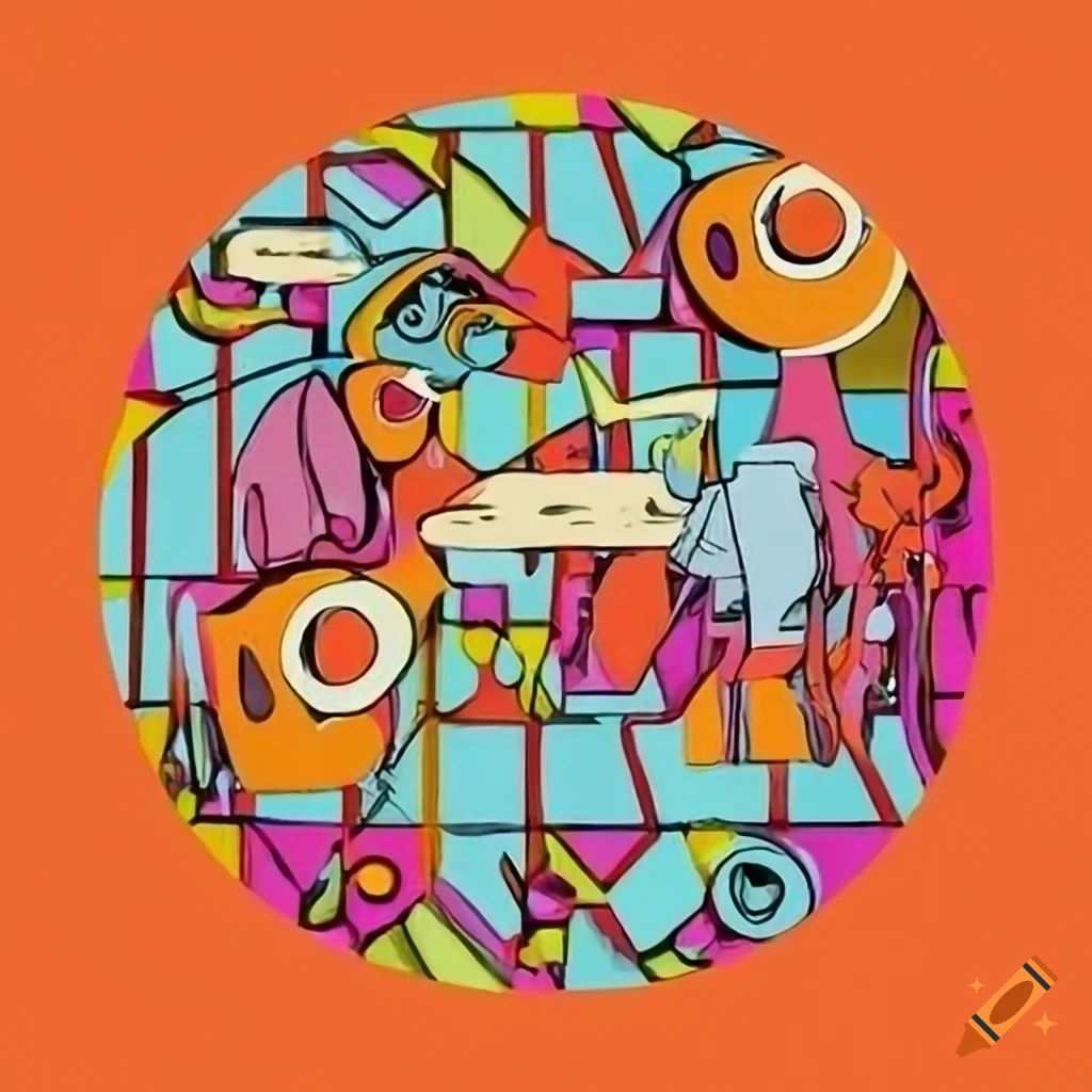 Chicken band playing music in abstract cubic art style 70s poster on ...