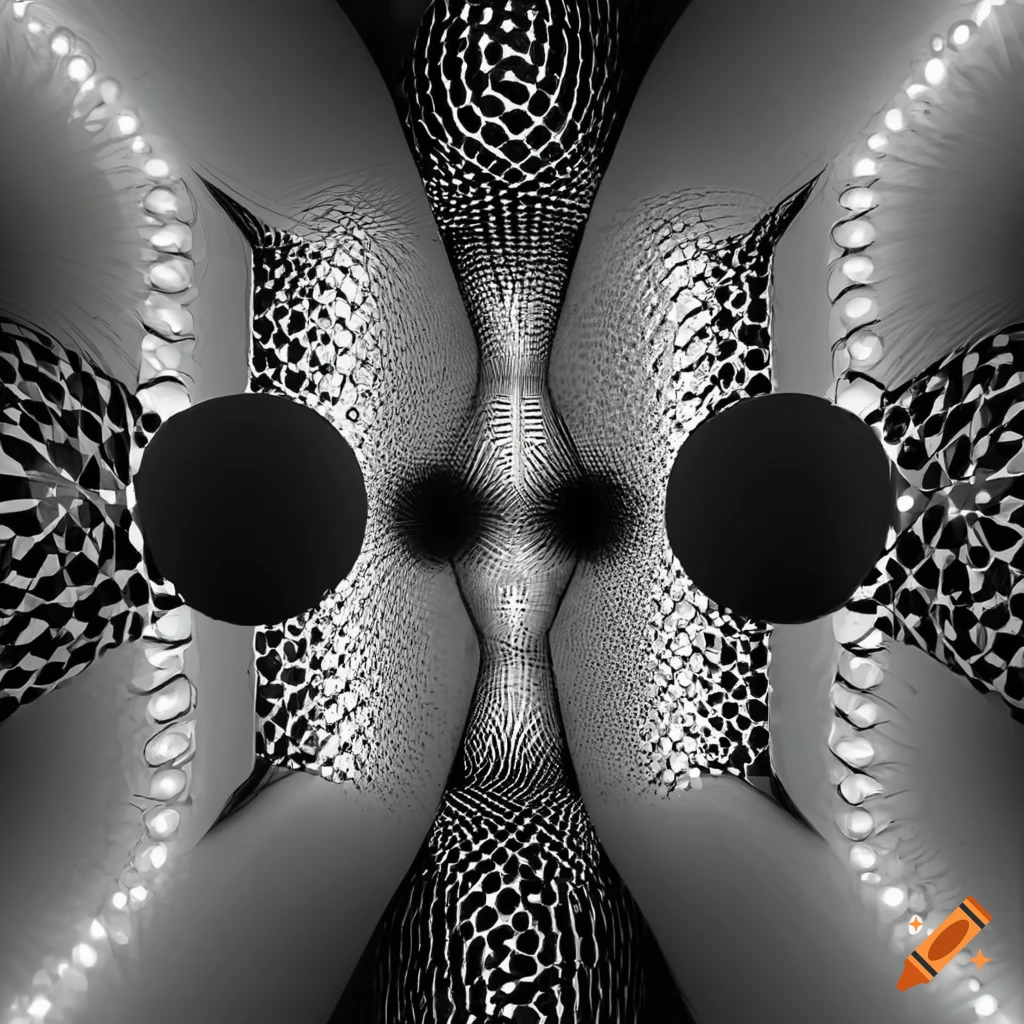 3D Op Art optical illusion with floating silver spheres in a striped ...