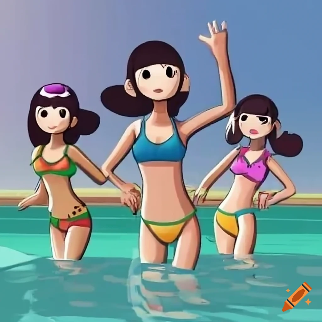 Energetic girls at a pool party with rhythm heaven game characters on Craiyon