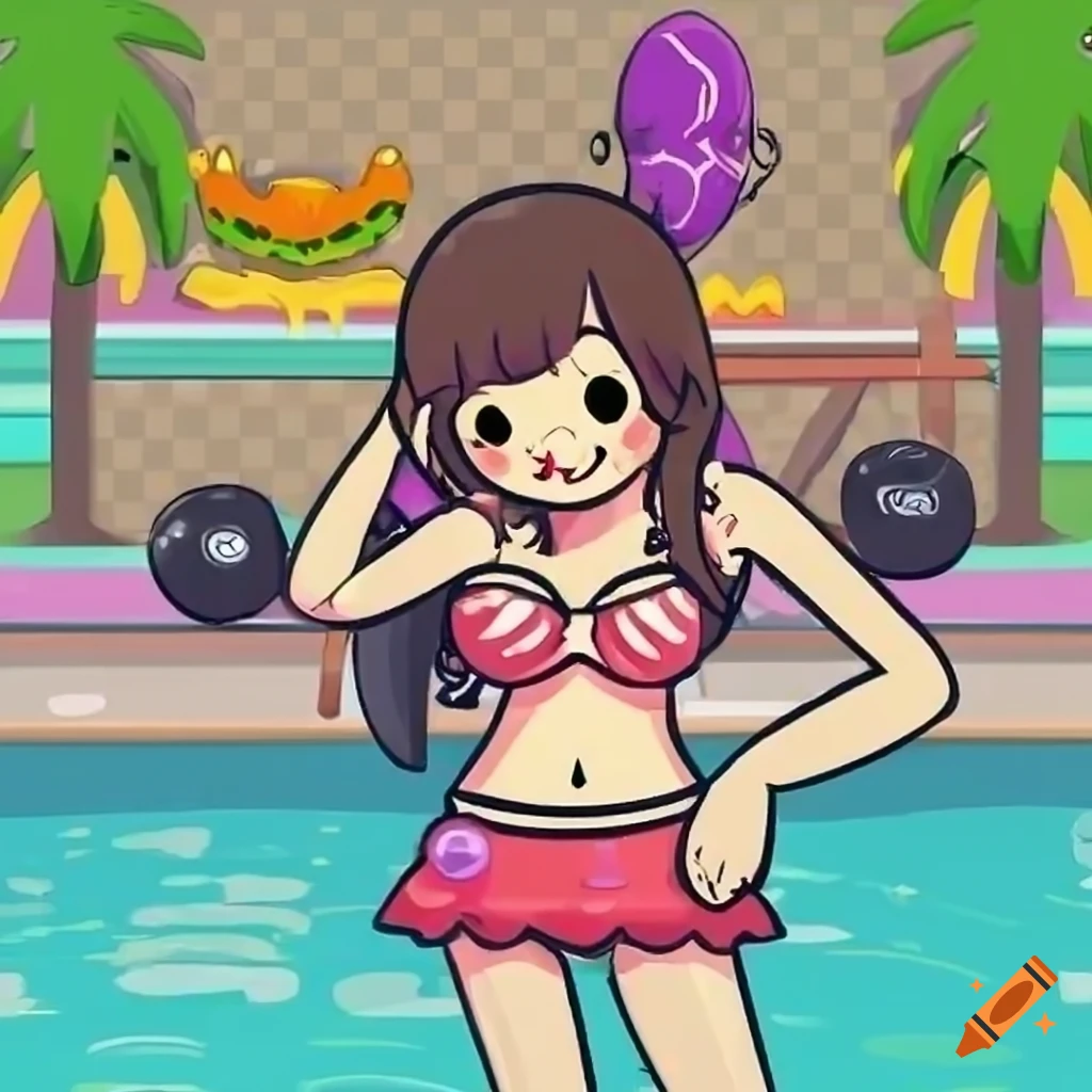 Girl at a pool party with characters from rhythm heaven game series on Craiyon