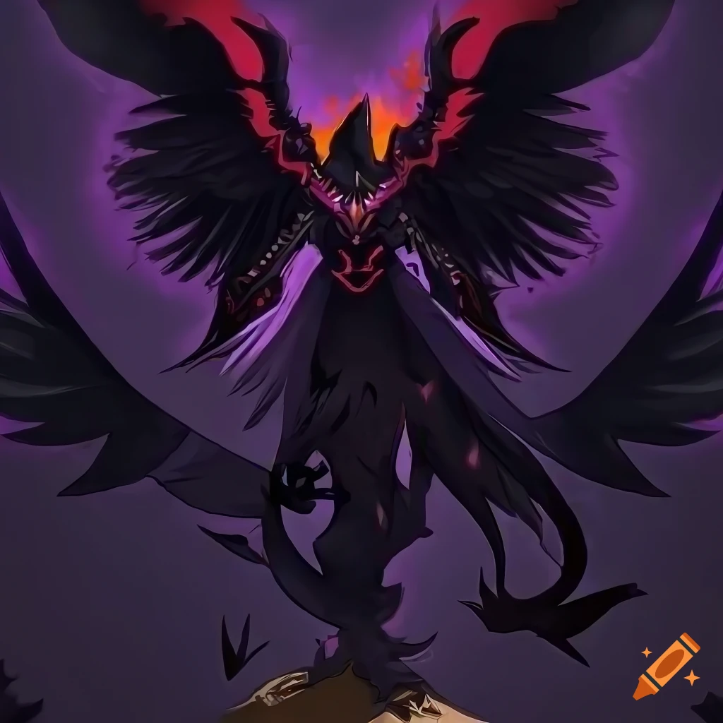 Heavily-stylized avian raven demon in various art styles on Craiyon