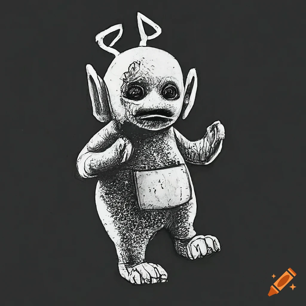 Ink drawing of creepy Teletubbies in a dark and sinister style on Craiyon