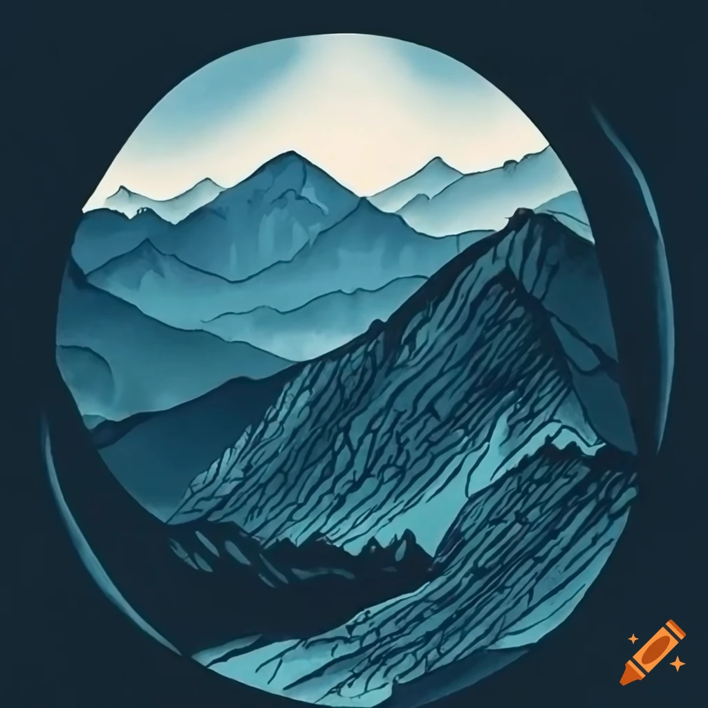 Japanese mountains in circular art style on Craiyon
