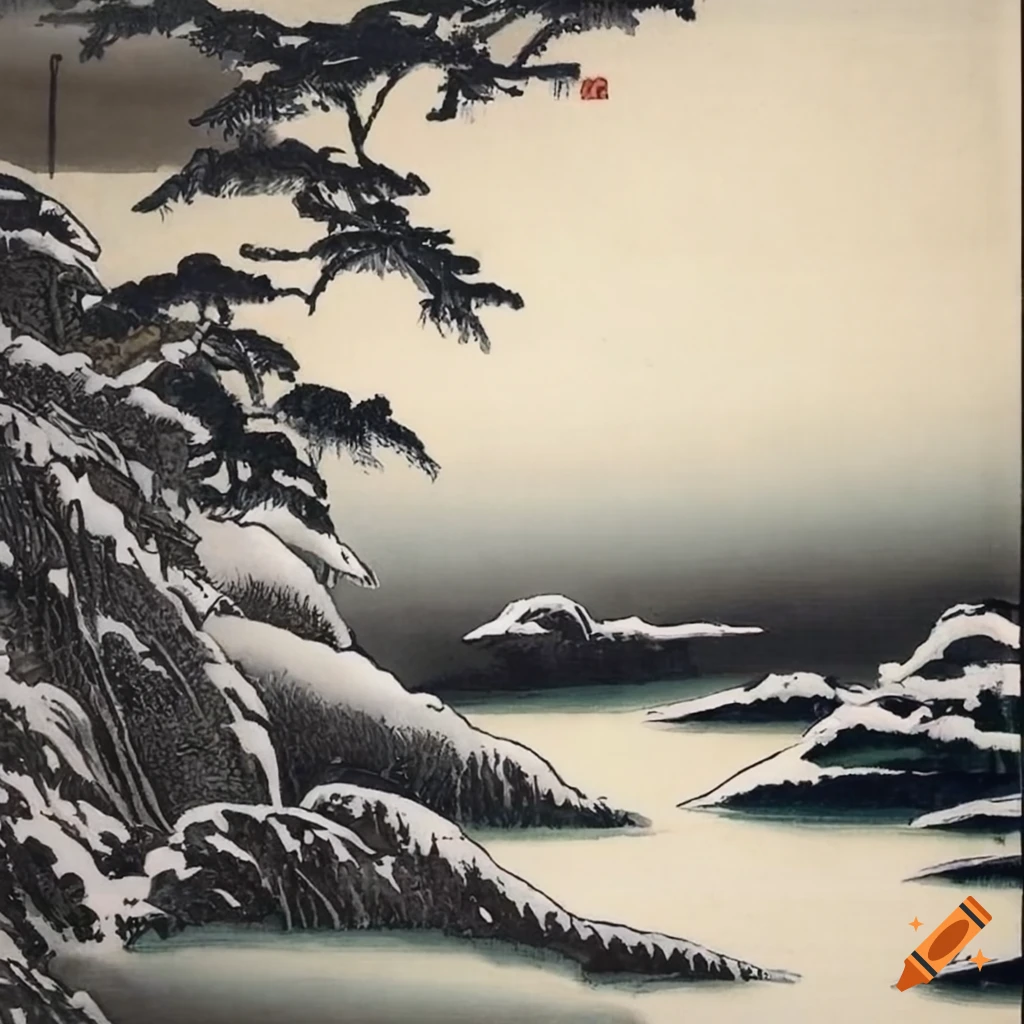 Minimalist japanese nature art by sesshu toyo showcasing a winter ...