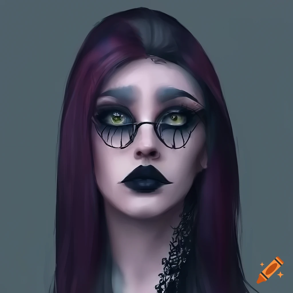 Portrait of a pale goth girl with green eyes, red and black hair, dark makeup, and glasses on ...