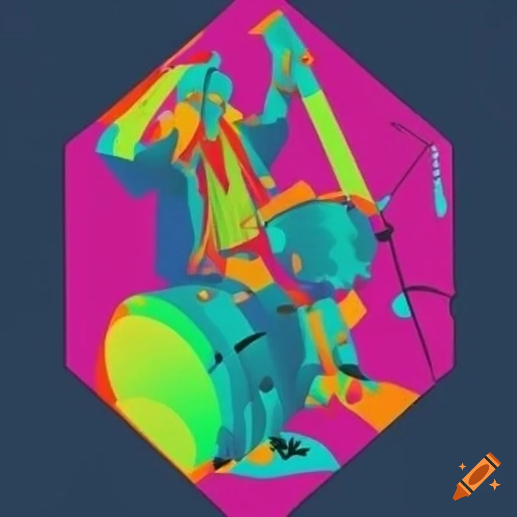 Chicken band playing rock music in abstract cubic art 70s poster on Craiyon