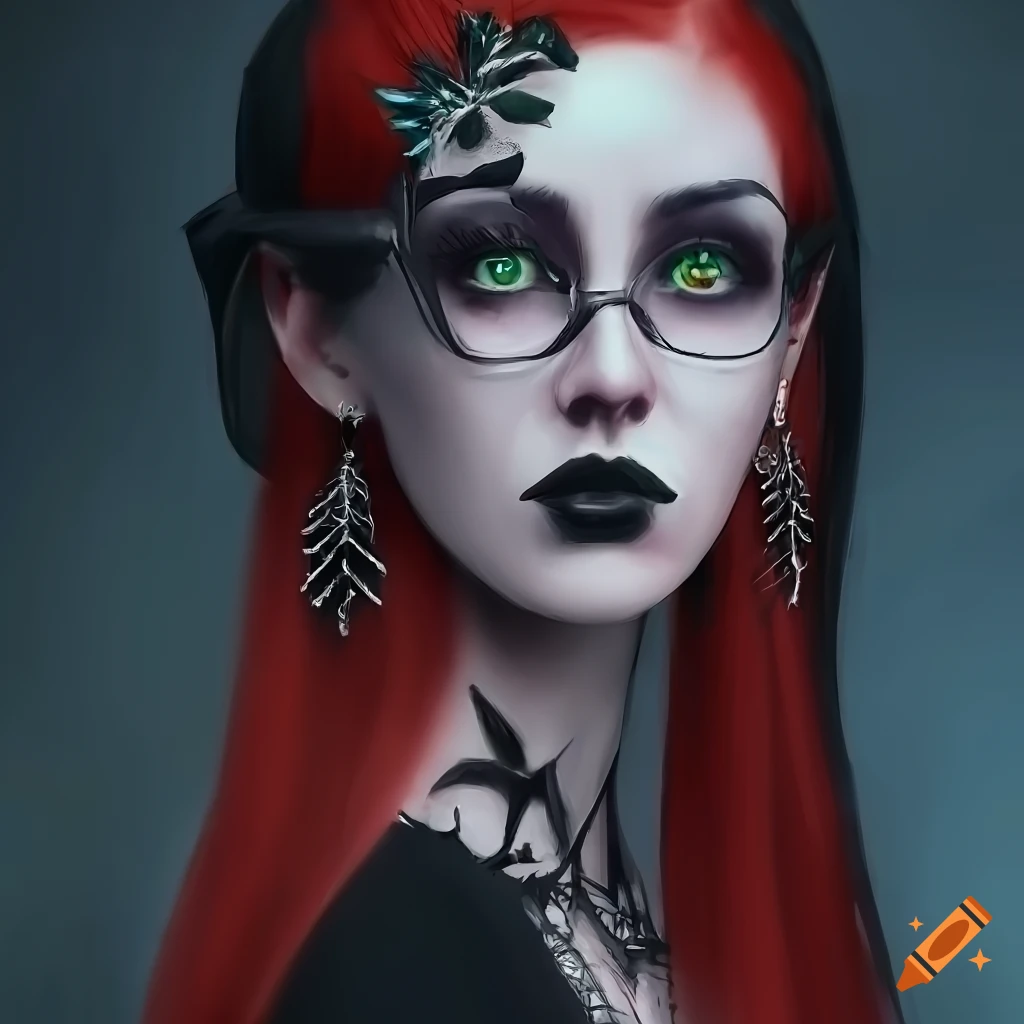 Portrait of green-eyed goth girl with long red-black hair and glasses on Craiyon