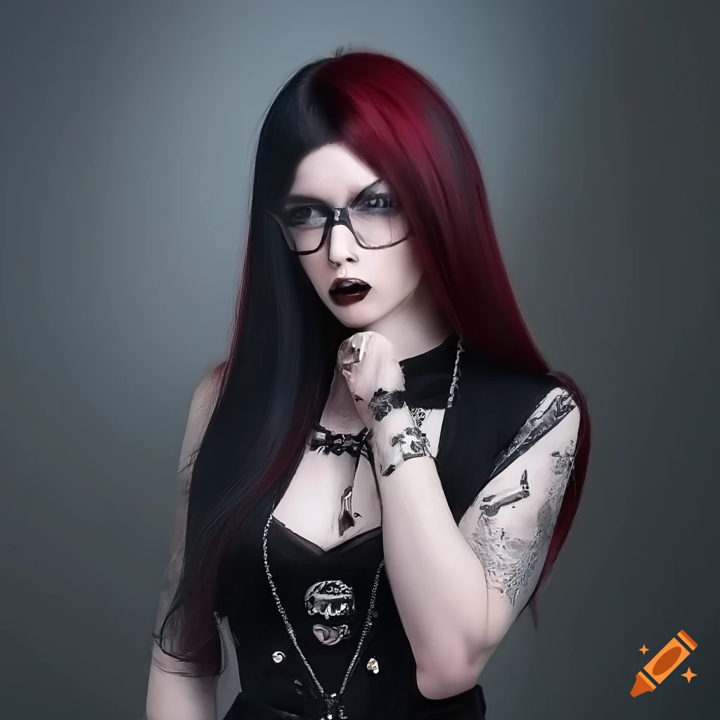 Portrait of a pale green-eyed goth girl with long red-black hair and glasses on Craiyon