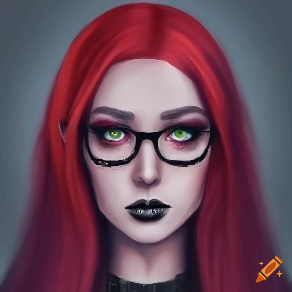 Portrait Of A Pale Goth Girl With Green Eyes Red Black Hair Dark Makeup And Glasses On Craiyon