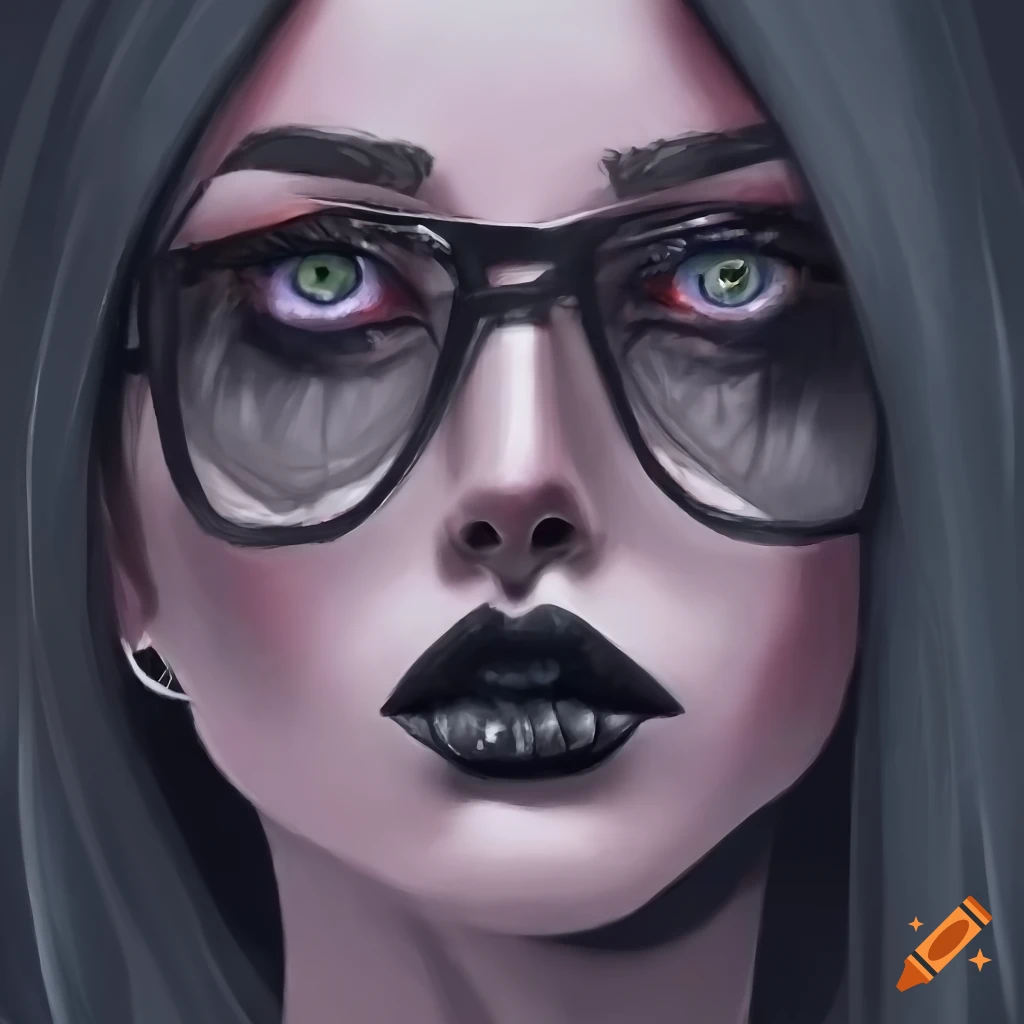 Portrait of a goth girl with green eyes, long red-black hair, and glasses on Craiyon