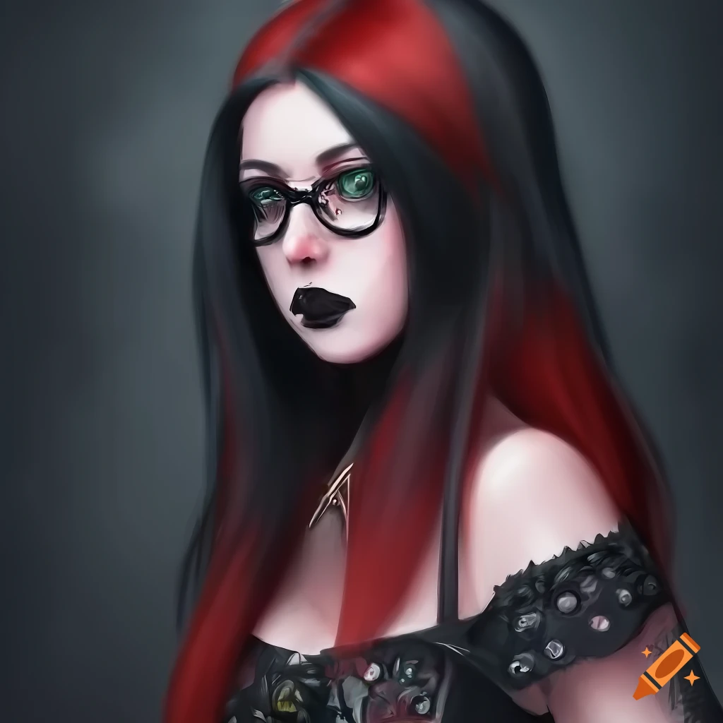 Portrait Of A Goth Girl With Green Eyes Long Red Black Hair Dark