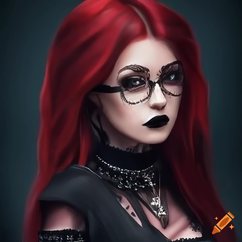 Portrait Of A Pale Goth Girl With Green Eyes Long Red Black Hair Black Lipstick And Glasses