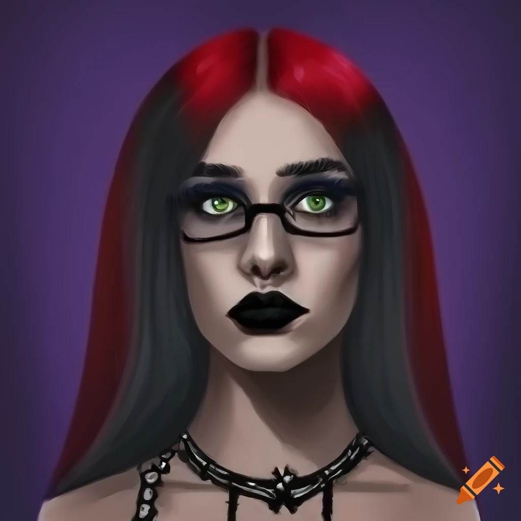 Portrait Of A Goth Girl With Green Eyes Long Red Black Hair And Glasses On Craiyon