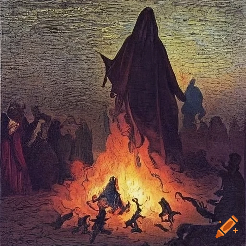 Cloaked figures around a bonfire in an artistic style by gustave dore ...