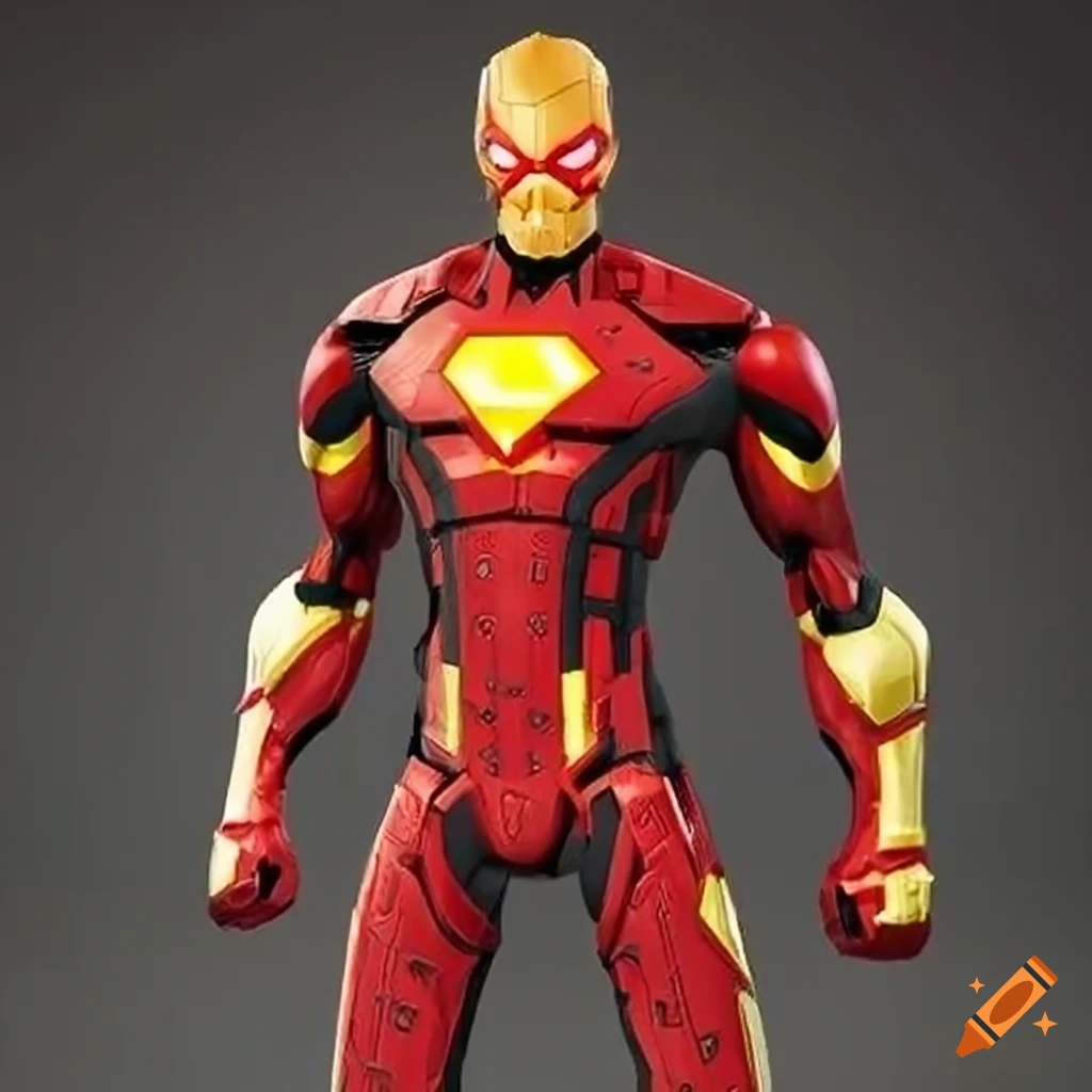 Superhero in a fiery red and gold custom suit with celestial patterns ...