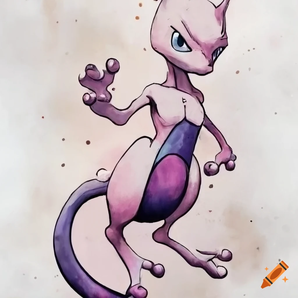 High detail watercolor illustration of pokemon mewtwo on Craiyon