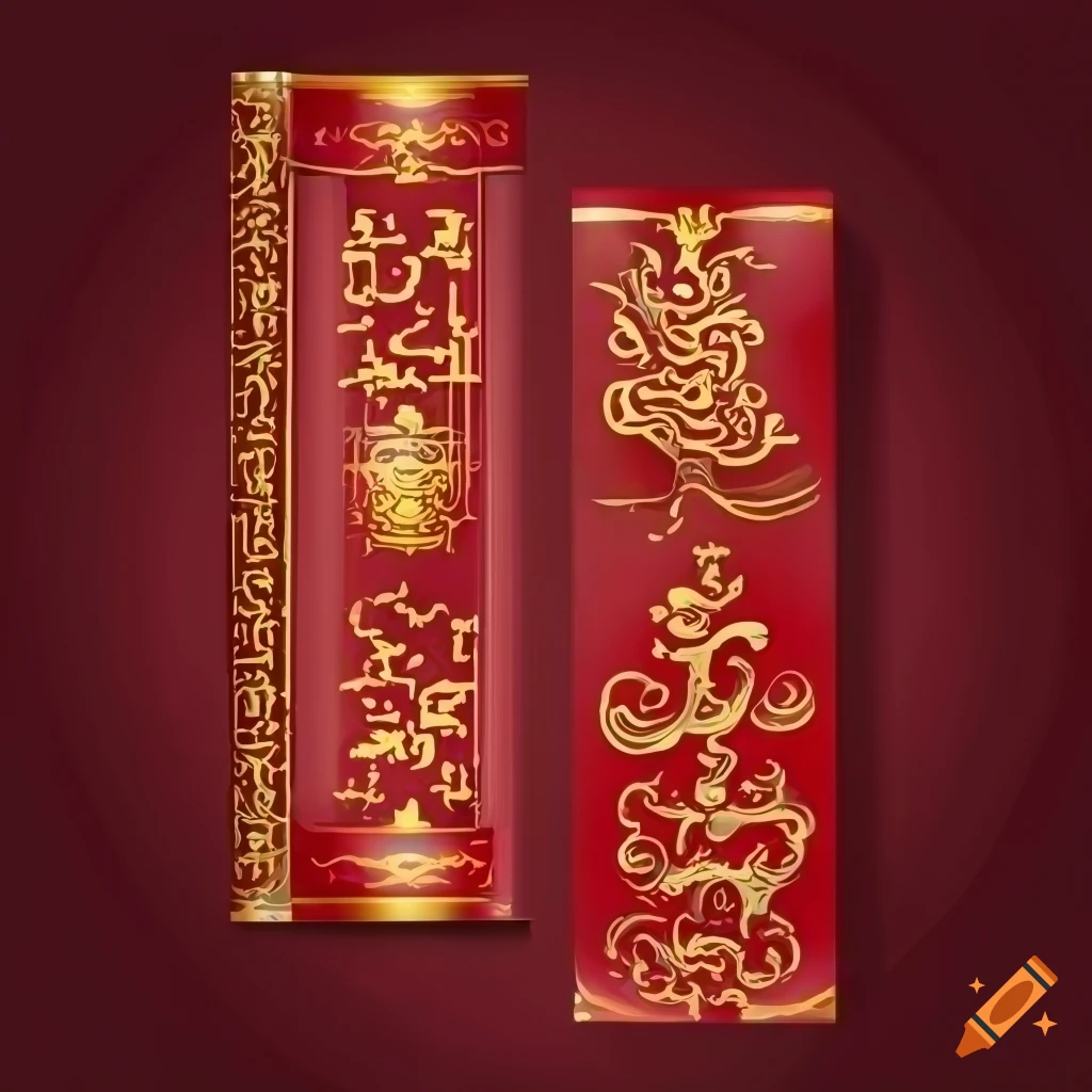 Traditional Chinese silk line art with mythical gold symbols on vibrant ...