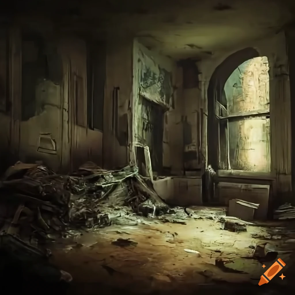 Man in post-apocalyptic setting with ruins and debris in high ...