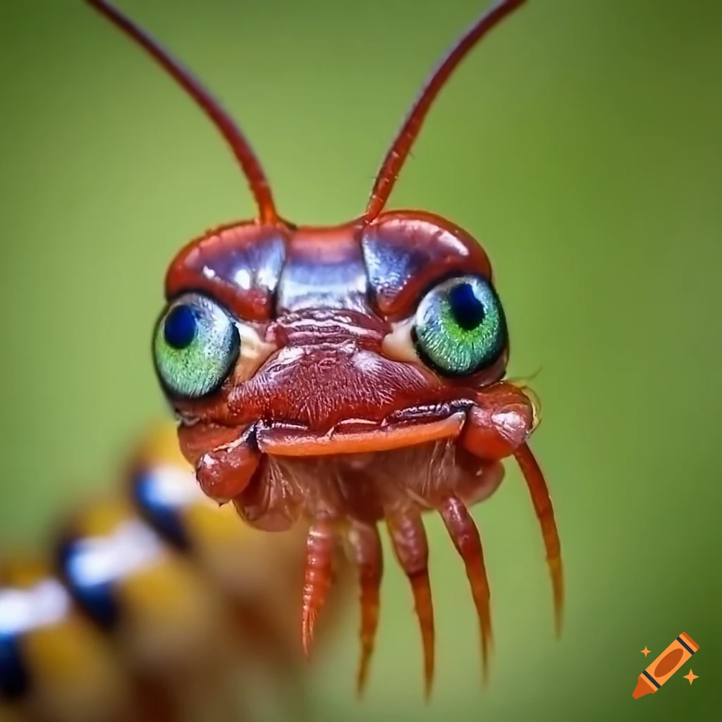 Cute baby centipede with big round eyes in a natural setting on Craiyon