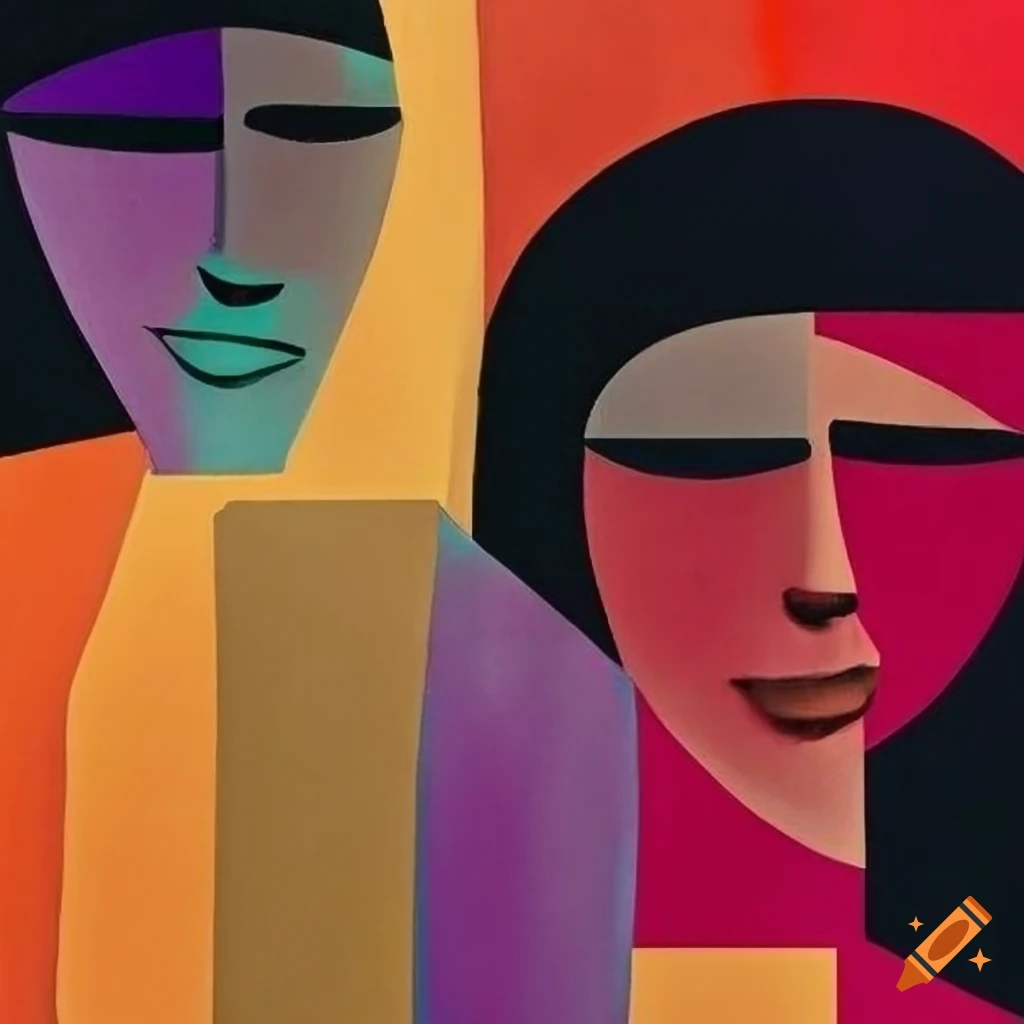 Abstract portrayal of diverse people in surreal cubism retro art style ...