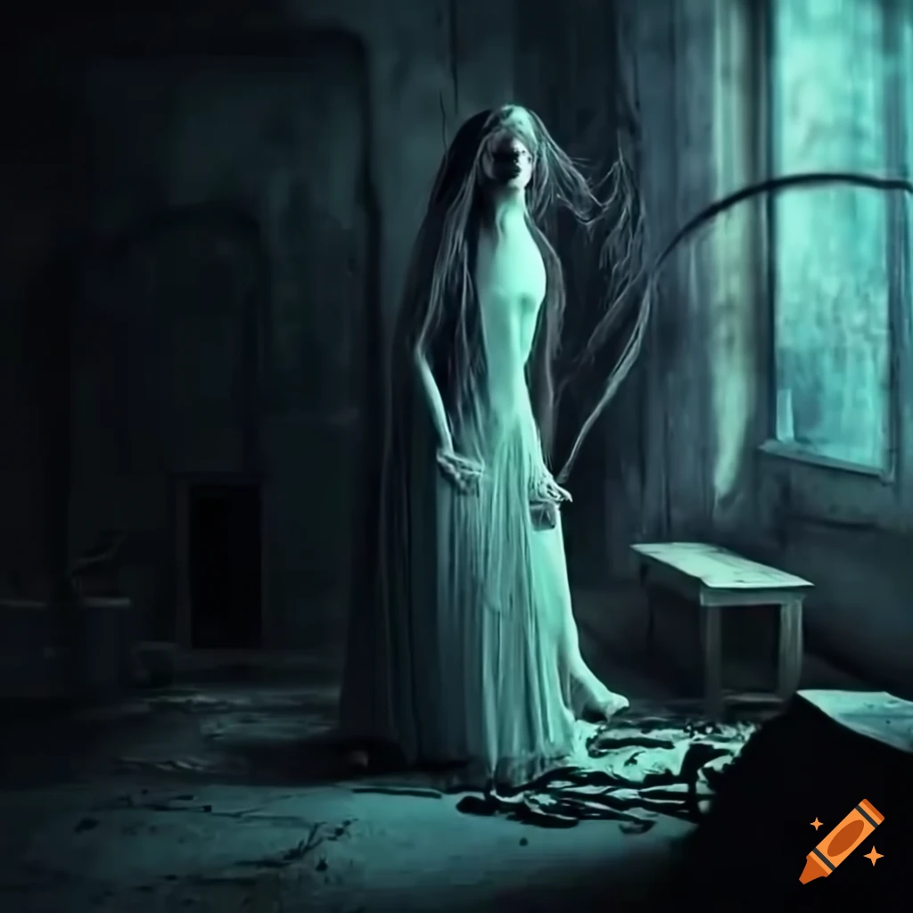Tall scary woman with long hair in a deserted house on Craiyon