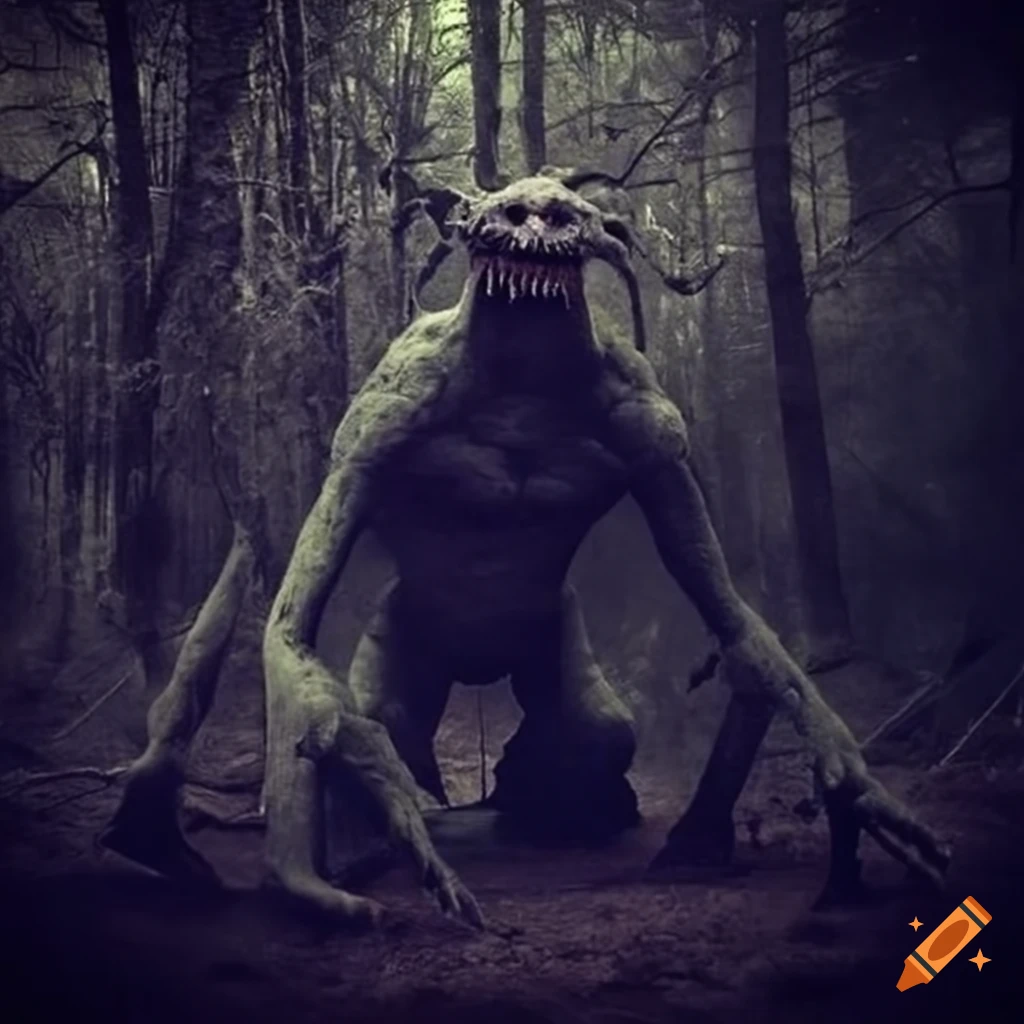 Vintage photo of tall demonic monster with spider-like arms in a creepy ...