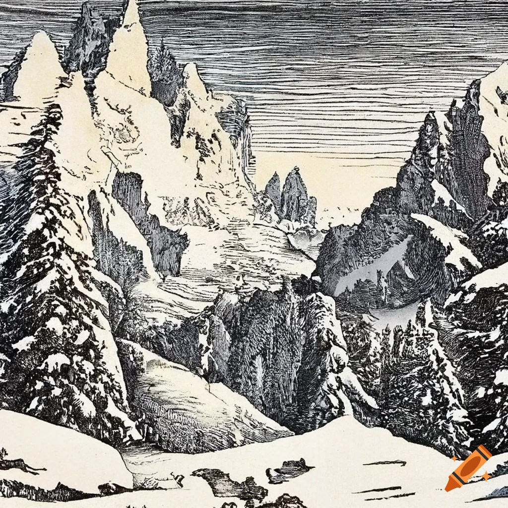Snowy dolomitic mountain forest by durer in woodcut style on Craiyon
