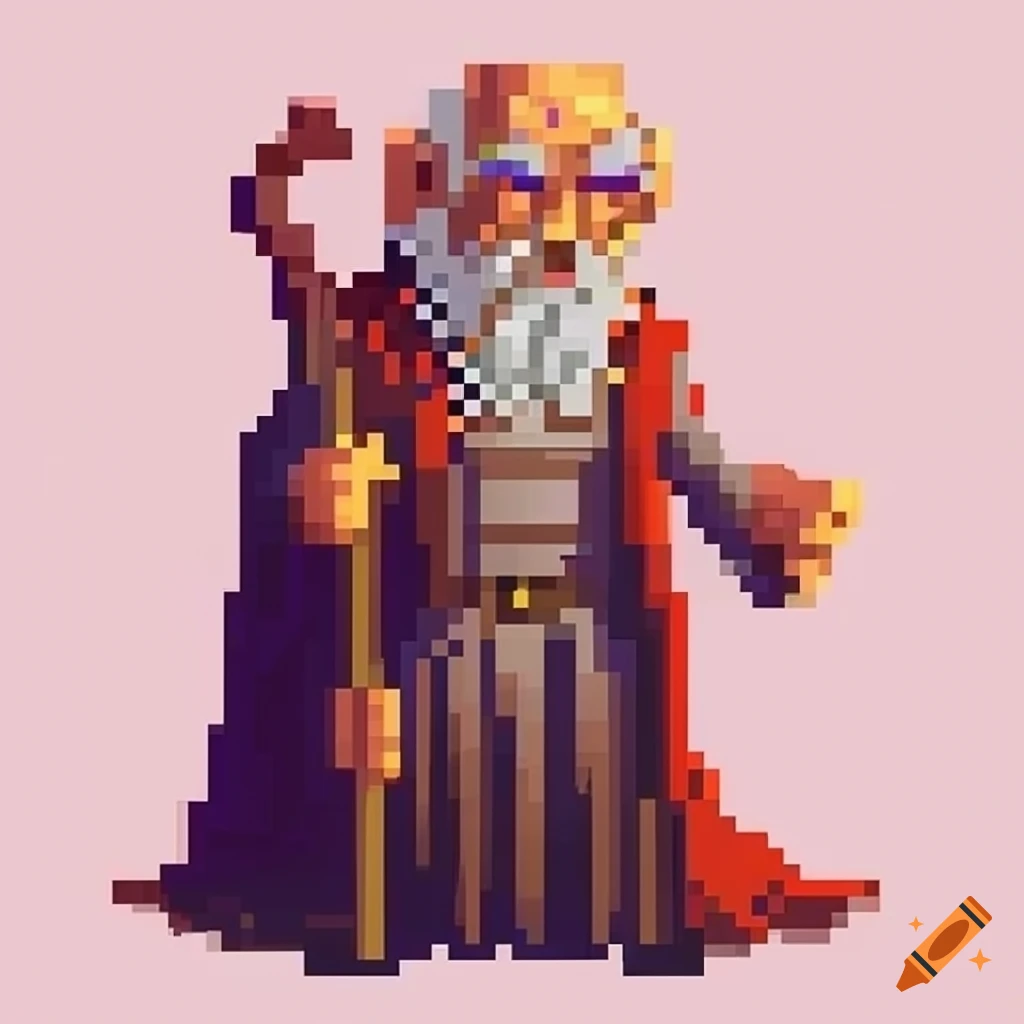 Red-haired wizard old man in 16-bit SNES JRPG pixel art style on Craiyon