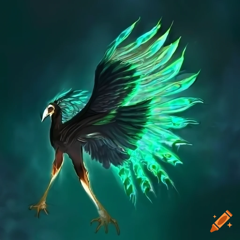 Futuristic green and white hawk secretarybird emerald peacock hybrid in ...