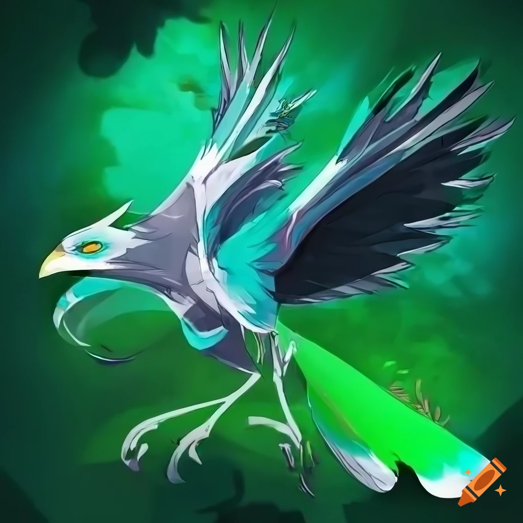 Futuristic green cyan and white hybrid bird in an anime-style fantasy ...
