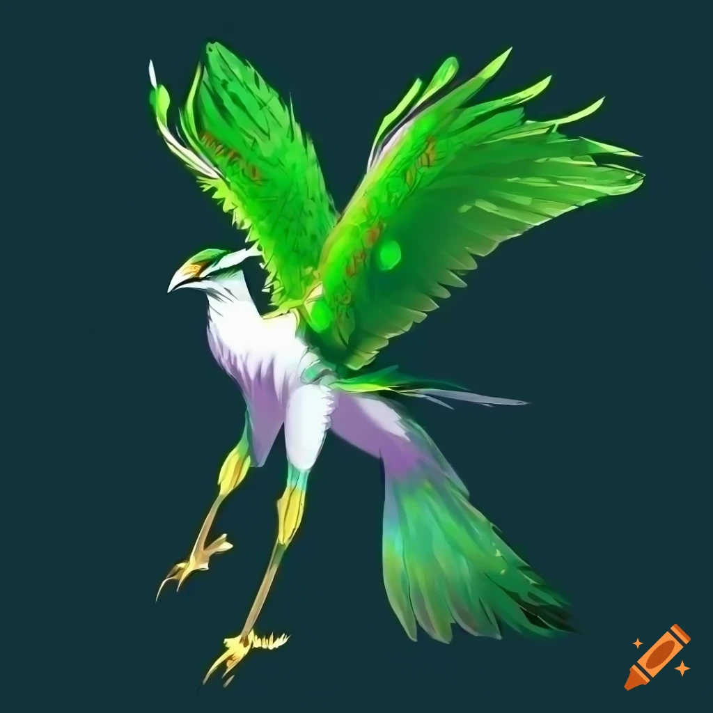 Futuristic green and white Hawk Secretarybird Emerald Peacock Hybrid in ...