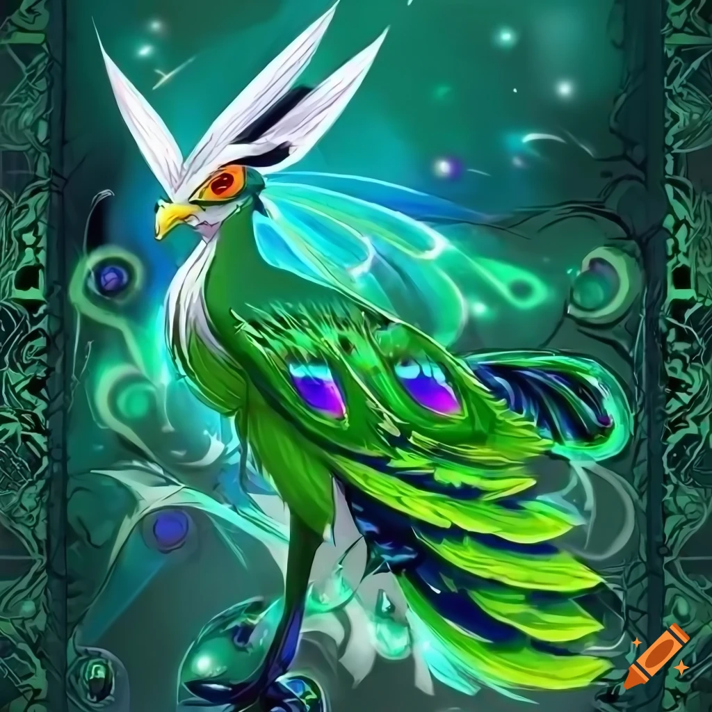 Futuristic green cyan and white hybrid bird in Anime style on Craiyon