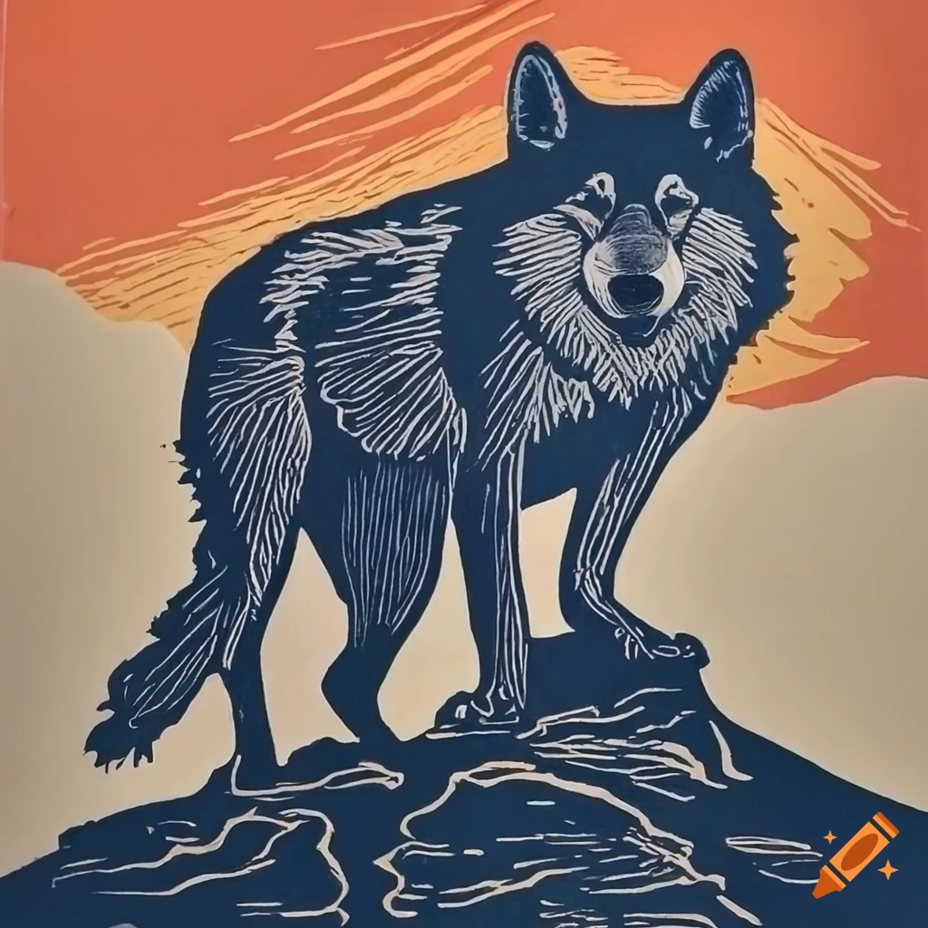 Wolf on cliff at sunset in linocut style on Craiyon