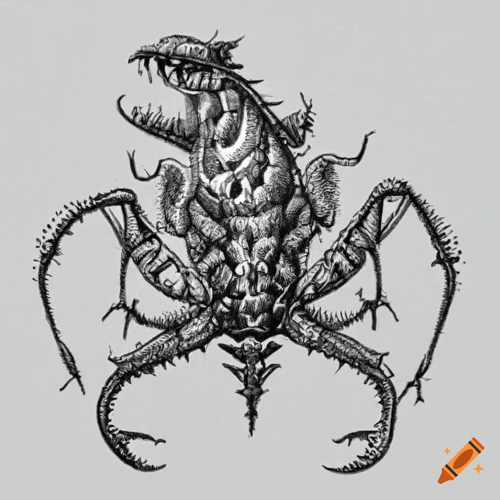 Hydralisk insectoid illustration in pen and ink black and white on Craiyon
