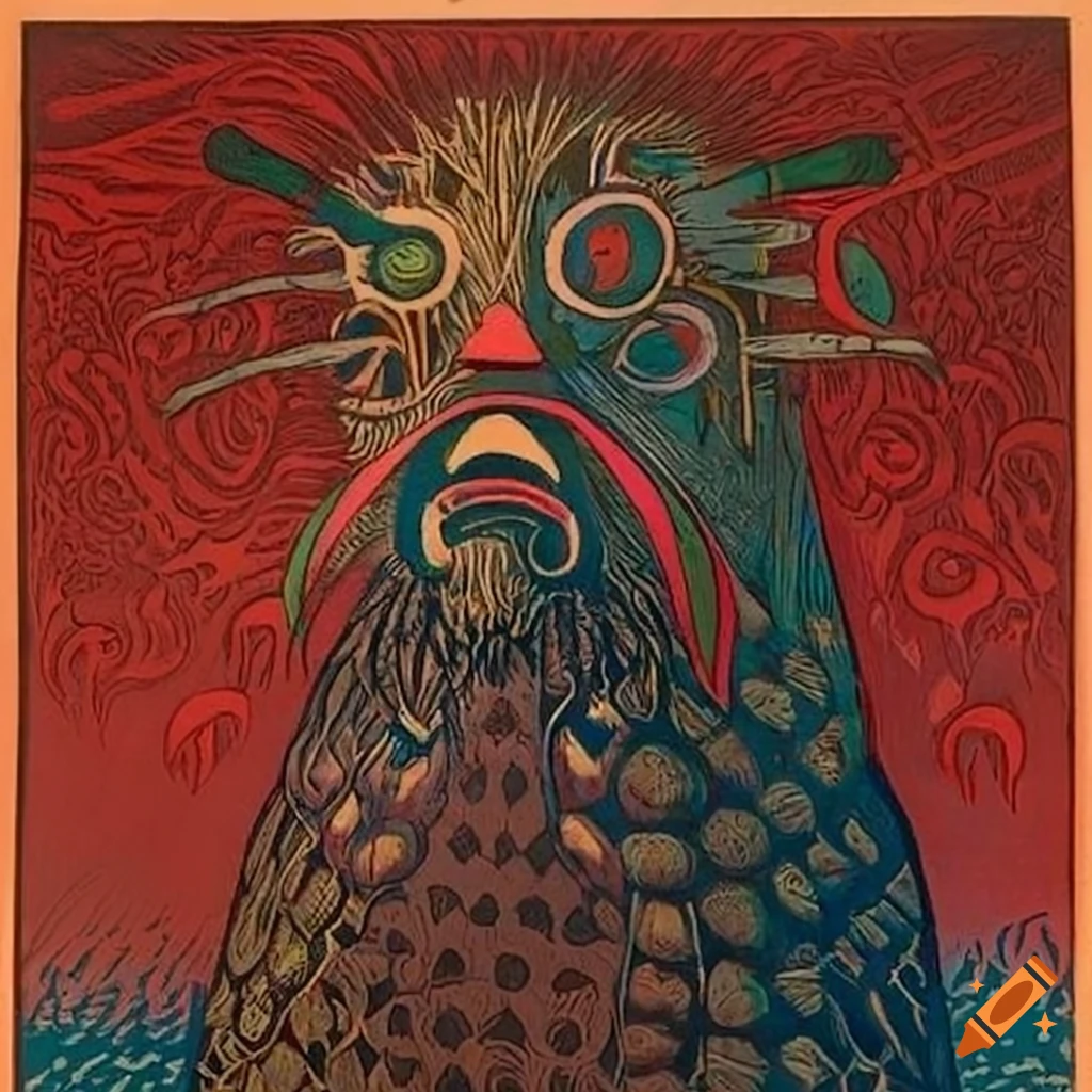 Colorful woodcut linoleum print combining native salish and spirit motifs on Craiyon