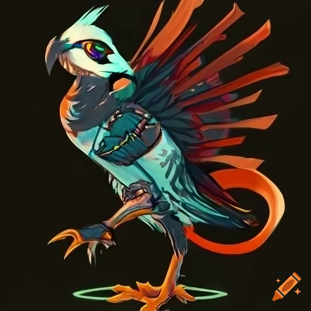 Futuristic hawk secretarybird kori peacock hybrid fursona character in ...