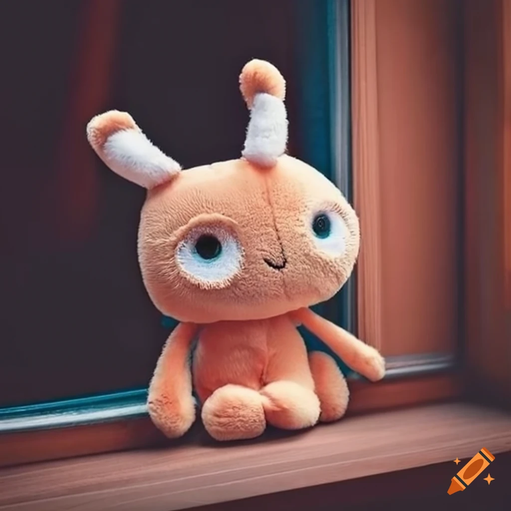 Unique cute plush creature sitting on a window sill on Craiyon