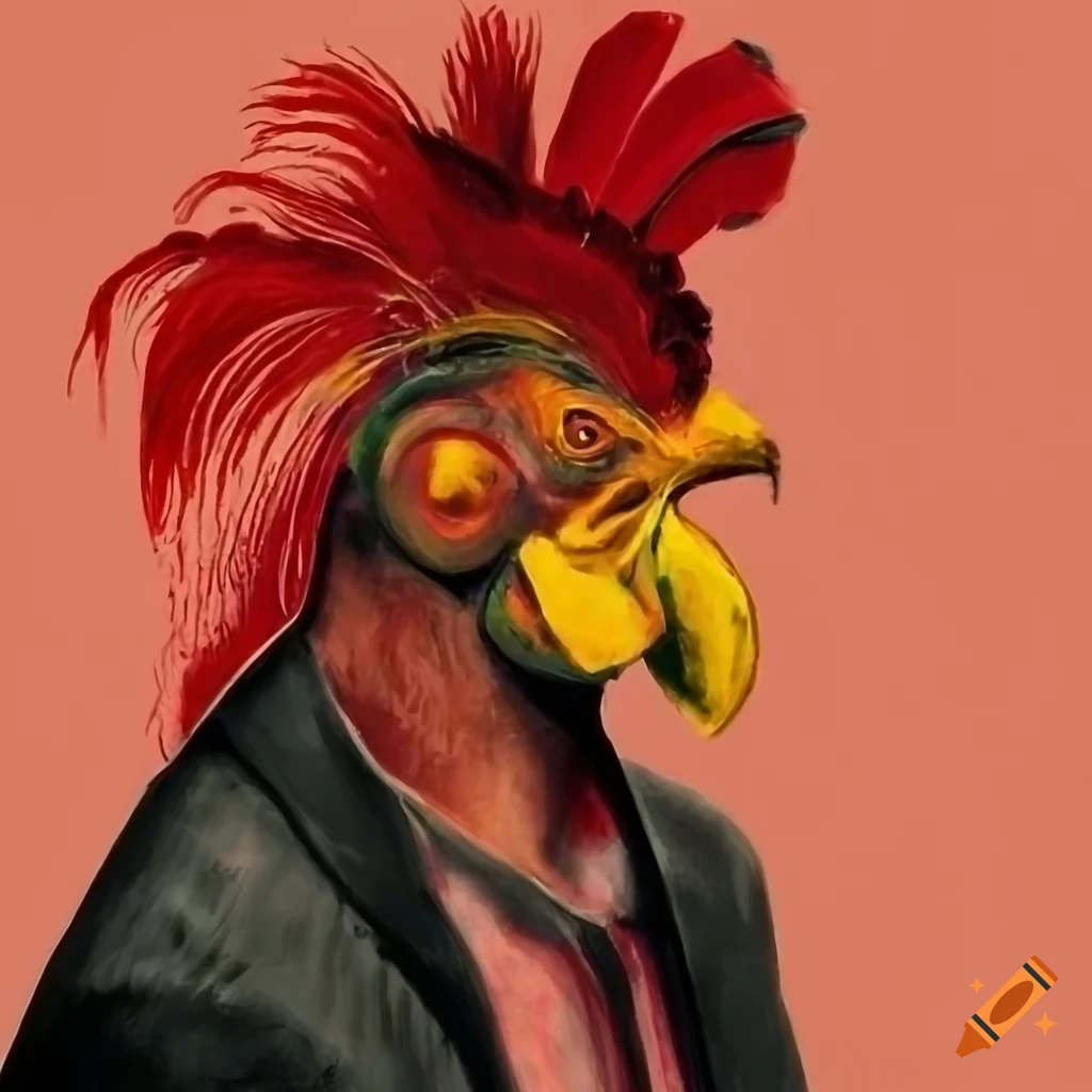Rooster-headed man with unique hairstyle painted in Bacon's distorted ...