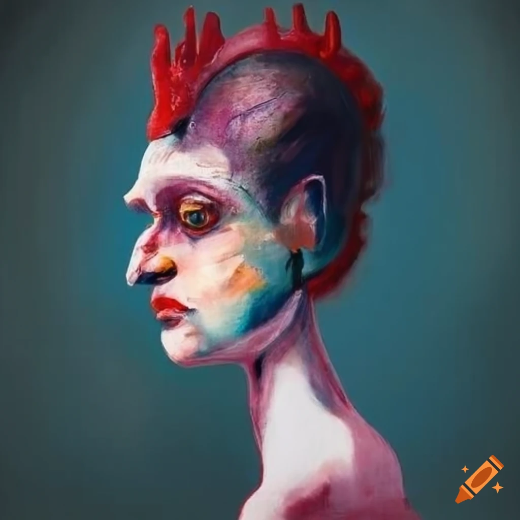 Profile of a chicken-headed woman in the style of Francis Bacon on Craiyon