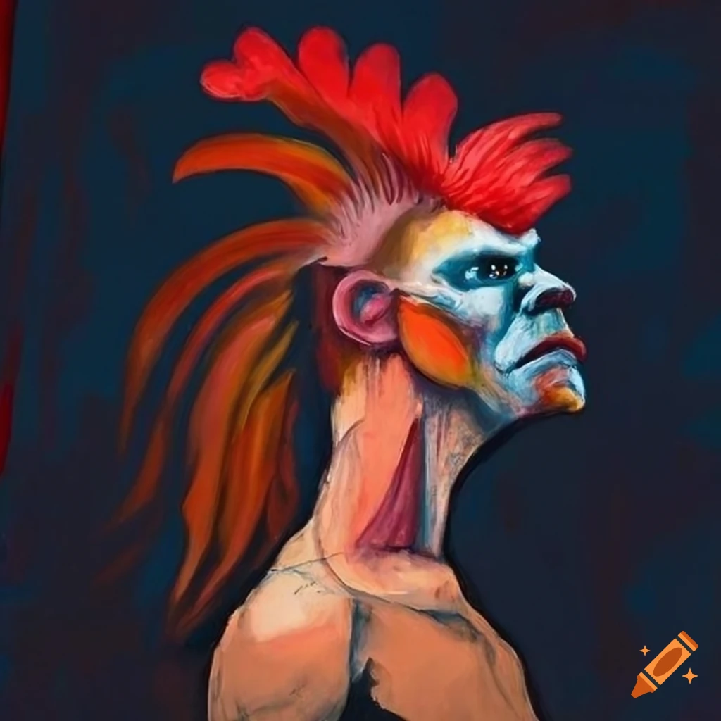 Rooster-headed man with red mohawk in profile in francis bacon style on ...