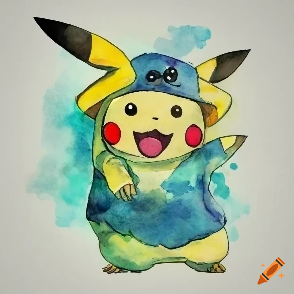 Watercolor illustration of pikachu dressed as ditto on Craiyon