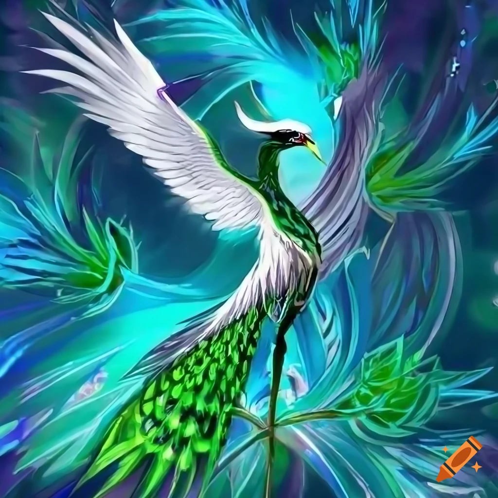 Futuristic green cyan and white bird hybrid in anime style on Craiyon