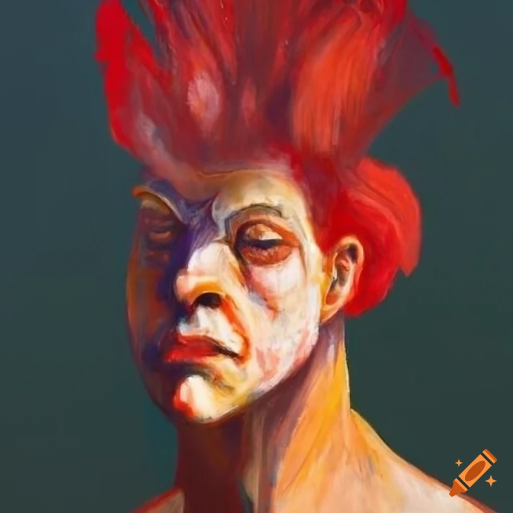 Profile painting of a rooster-headed man with red mohawk in francis ...