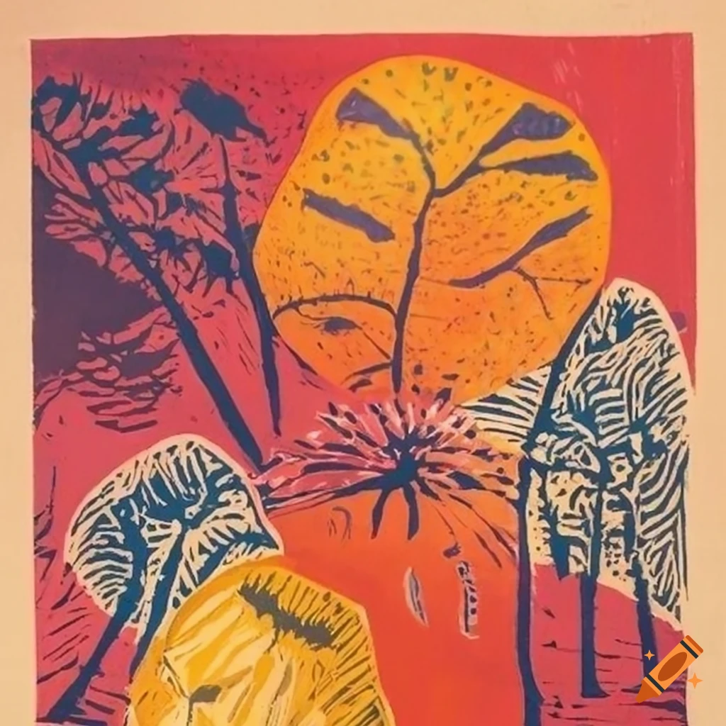 Lino print with colorful garden theme on Craiyon