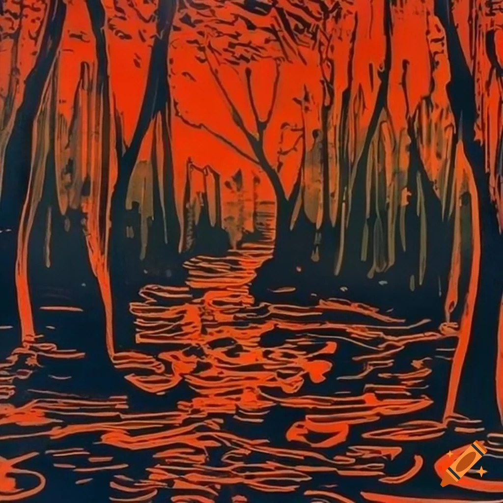 Abstract lino print of a rainforest with vibrant colors on Craiyon