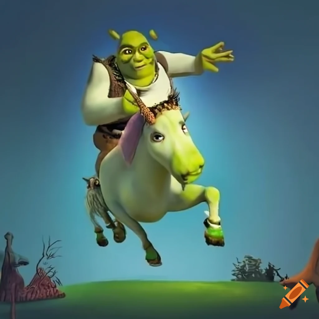 Shrek riding a unicorn on Craiyon
